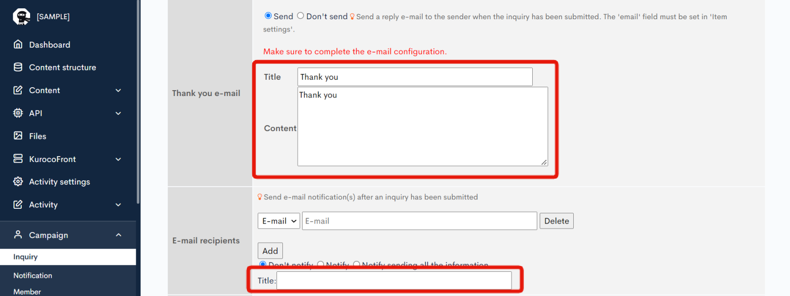 How do I display inquiry numbers in thank-you e-mails and notifications ...